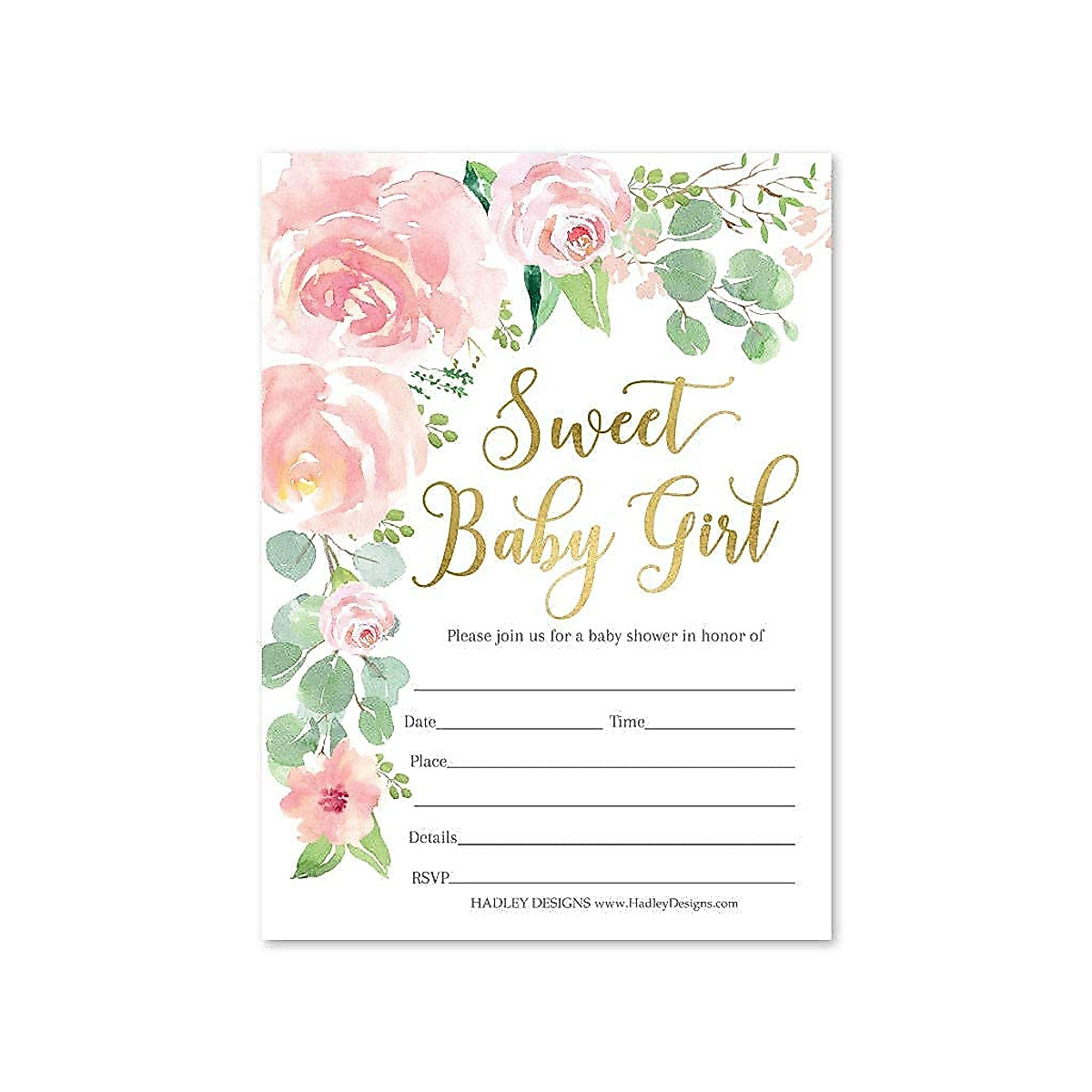 25 Floral Sweet Baby Shower Invitations, 25 Book Request Baby Shower Guest Book Alternative, 25 Baby Shower Diaper Raffle Tickets For Baby Shower Girl, Watercolor Blank Card, Diaper Raffle Cards