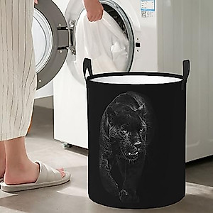 Animal Panther Printed Round Laundry Hamper,Collapsible Clothes Hamper Storage With Handle,Canvas Fabric Waterproof Storage Bin