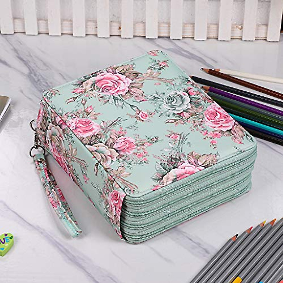 BTSKY Colored Pencil Case- 160 Slots Pencil Holder Pen Bag Large Capacity Pencil Organizer with Handle Strap Handy Colored Pencil Box with Printing Pattern Rose