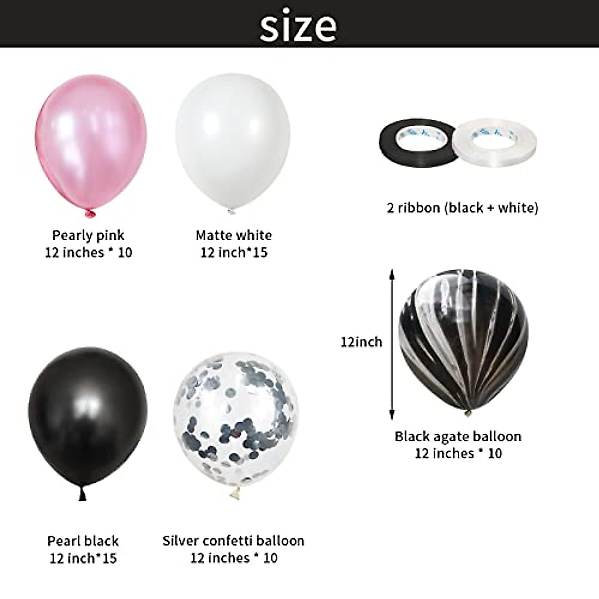 Balloons Black and Pink, 60 Packs 12 Inch Pink Black White Latex Balloon with Agate Balloon Silver Confetti Balloons for Girls Birthday Party Baby Shower Bridal Shower Wedding