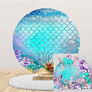 Mermaid Round Backdrop Cover 7ft Under The Sea Glittering Mermaid Birthday Backdrop Underwater Round Backdrop Cover Girls Princess Birthday Party Baby Shower Gender Reveal Photo Background Decor