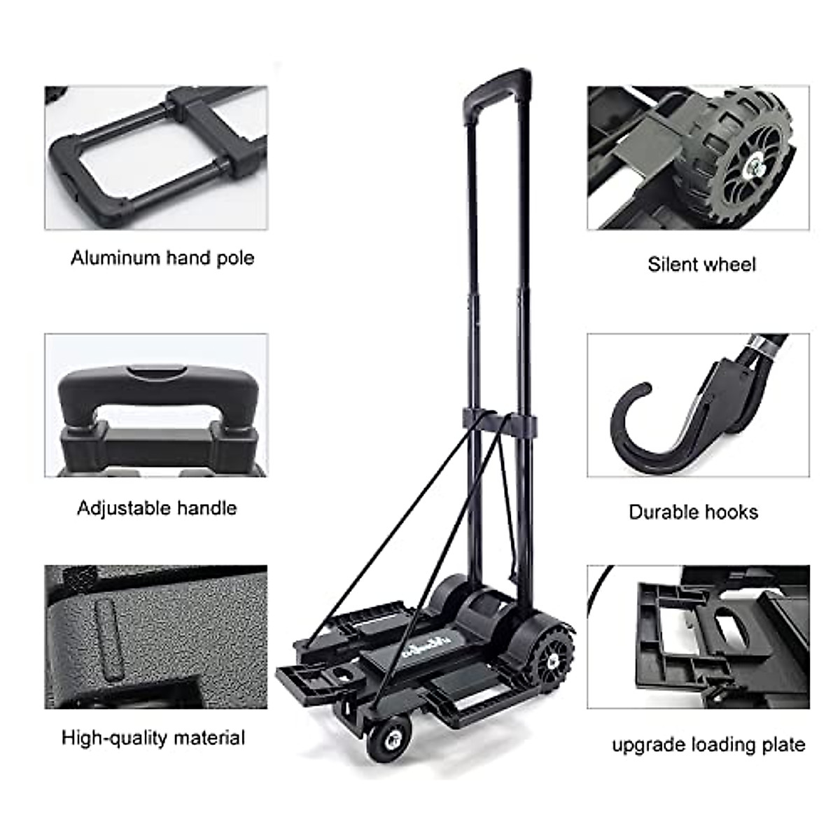 ZHJINGYU Folding Hand Truck,Foldable Utility cart with 4 Wheels & 2 Elastic Ropes,Foldable Dolly cart,Backpack Trolley,Luggage Platform Truck,Travel,Moving,Shopping,Small,Lightweight for Women