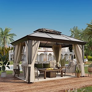 GAZEBEST Hardtop Gazebo Outdoor Polycarbonate Double Roof Patio Gazebo Aluminum Frame Gazebo Canopy with Netting and Curtains,for Garden Patio,Patio Backyard,Deck and Lawns (Brown, 10x13FT)