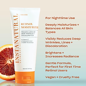 InstaNatural Retinol Moisturizer Nighttime Face Moisturizing Cream, Brightens and Reduces Signs of Aging, Wrinkles, Lines and Discoloration, with Vitamin C and Hyaluronic Acid, 3.4 Fl Oz
