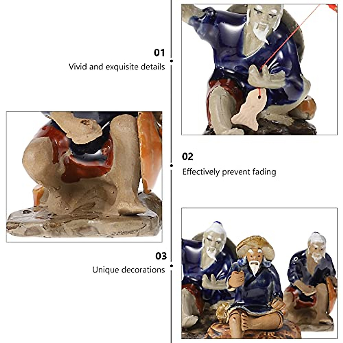 DOITOOL 3pcs Miniature Fisherman Statue Ceramic Chinese Mudman Fishing Garden Figurine Ornament for Fish Tank Bonsai Landscape Fairy Garden Decoration Style B
