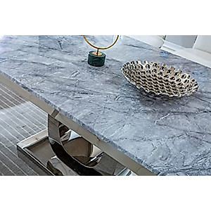 78'' Marble Dining Room Table for 6 or 8, Dining Table with Silver Stainless Steel "U" Shaped Pedestal, Rectangular Kitchen Table with 0.71'' Thick Gray Marble Tabletop, Mirror Finish Base(No Chairs)