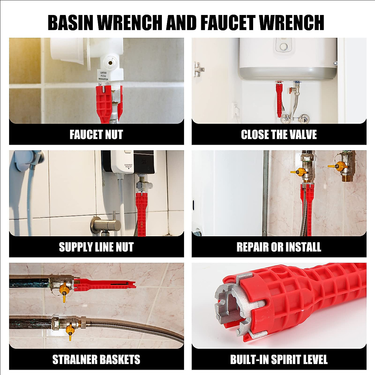 YBQSPLY Basin Wrench,8 in 1 Faucet Wrench and Sink Wrench Installer Multi Tool,Multi-Purpose Plumbing Tools Faucet Wrench Plumbers Wrench for Pipe and Tub Drain Removal Nut Wrench