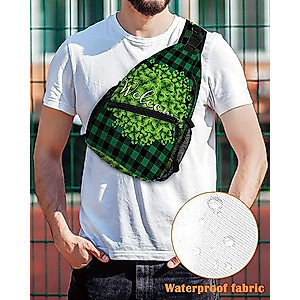 Sling Backpack, St. Patrick's Day Lucky Green Clover Leaves Green Plaid Waterproof Lightweight Small Sling Bag, Travel Chest Bag Crossbody Shoulder Bag Hiking Daypack for Women Men