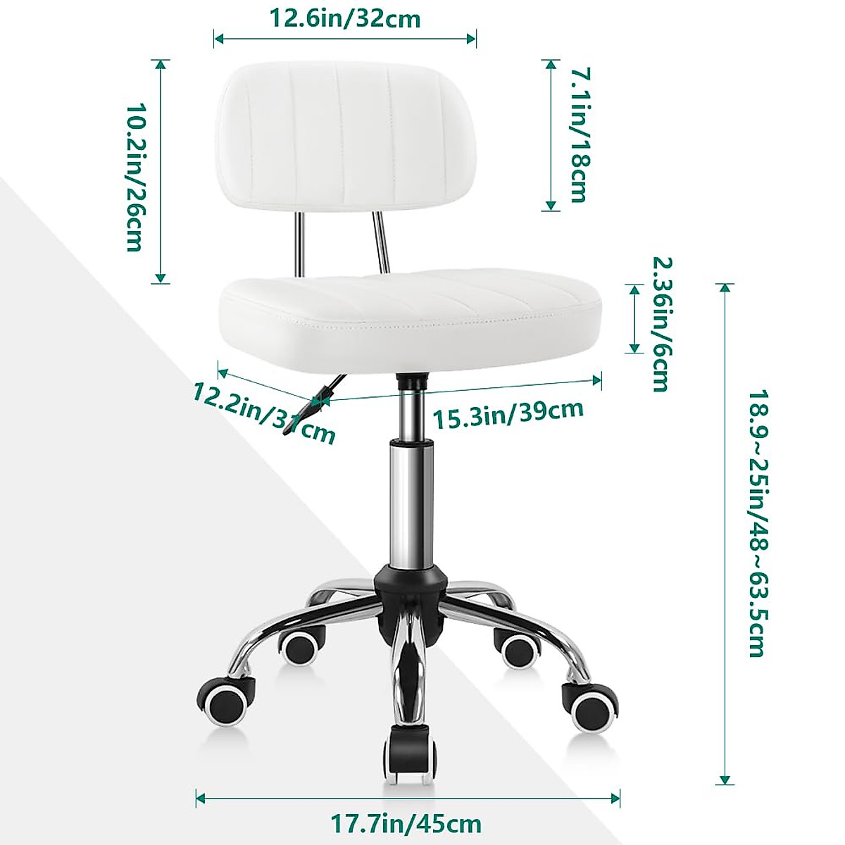 BFTOU White Square Swivel Stool with Wheel for Work SPA Shop Massage Height-Adjustable and Cost-Effective Rolling Stool Chair with Back