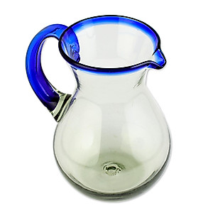 NOVICA Artisan Crafted Blue Accent Clear Glass Recycled Hand Blown Pitcher from Mexico, 82 Oz, Blue Grace'