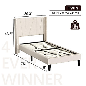 4 EVER WINNER Twin Bed Frames with Headboard, Linen Fabric Twin Upholstered Platform Bed Frame with Geometric Headboard and Wingback for Kids, Wood Slat Support, No Box Spring Needed, Beige