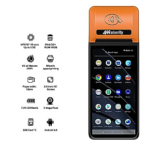 alacrity Handheld Mobile POS, 58mm Terminal Receipt Printer, Android 8.0 with Google Play, 5.9" Touch Screen PDA Supports 4G WiFi Bluetooth, Perfect to Manage Queues, Online, Mobile & Takeaway Orders