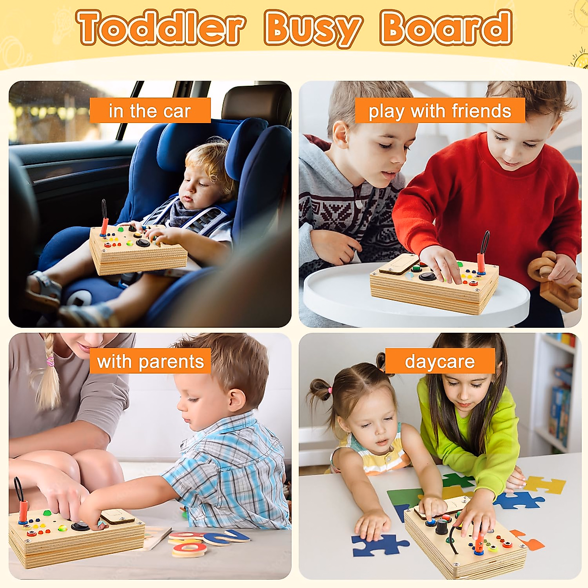 Montessori Busy Board Toddler Toys,Wooden Sensory Toys for Toddlers 1-3 with LED Light Up Buttons Baby Educational Toy Gifts for Kids 2-4 Fidget Toy (pluggable Wire Busy Board)