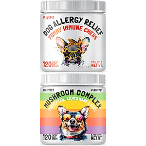 Allergy Relief Chews for Dogs & Immune & Digestive Supplement 120 Soft Treats and Mushroom Complex Treats for Dogs with Reishi Shiitake and Turkey Tail Mushrooms