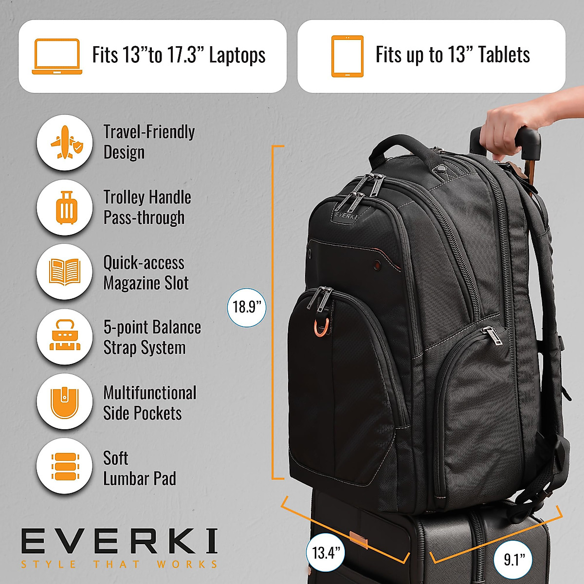 EVERKI Atlas Business Laptop Backpack, 13-Inch to 17.3-Inch Adjustable Compartment, Men or Women, Travel Friendly (EKP121), Black