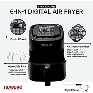 NUWAVE Brio 8-Qt Air Fryer, Powerful 1800W, Easy-to-Read Cool White Display, 50°-400°F Temp Controls, 100 Pre-Programmed Presets & 50 Memory Slots, Integrated Smart Thermometer, Linear T Technology