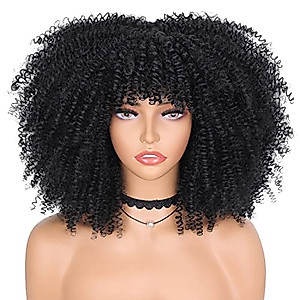 GKtineke Curly Afro Wigs for Black Women - Curly Afro Wig With Bangs Black Wig Short Afro Kinky Curly Wig 14 Inch Synthetic Hair Replacement Wigs (14 Inch, black)