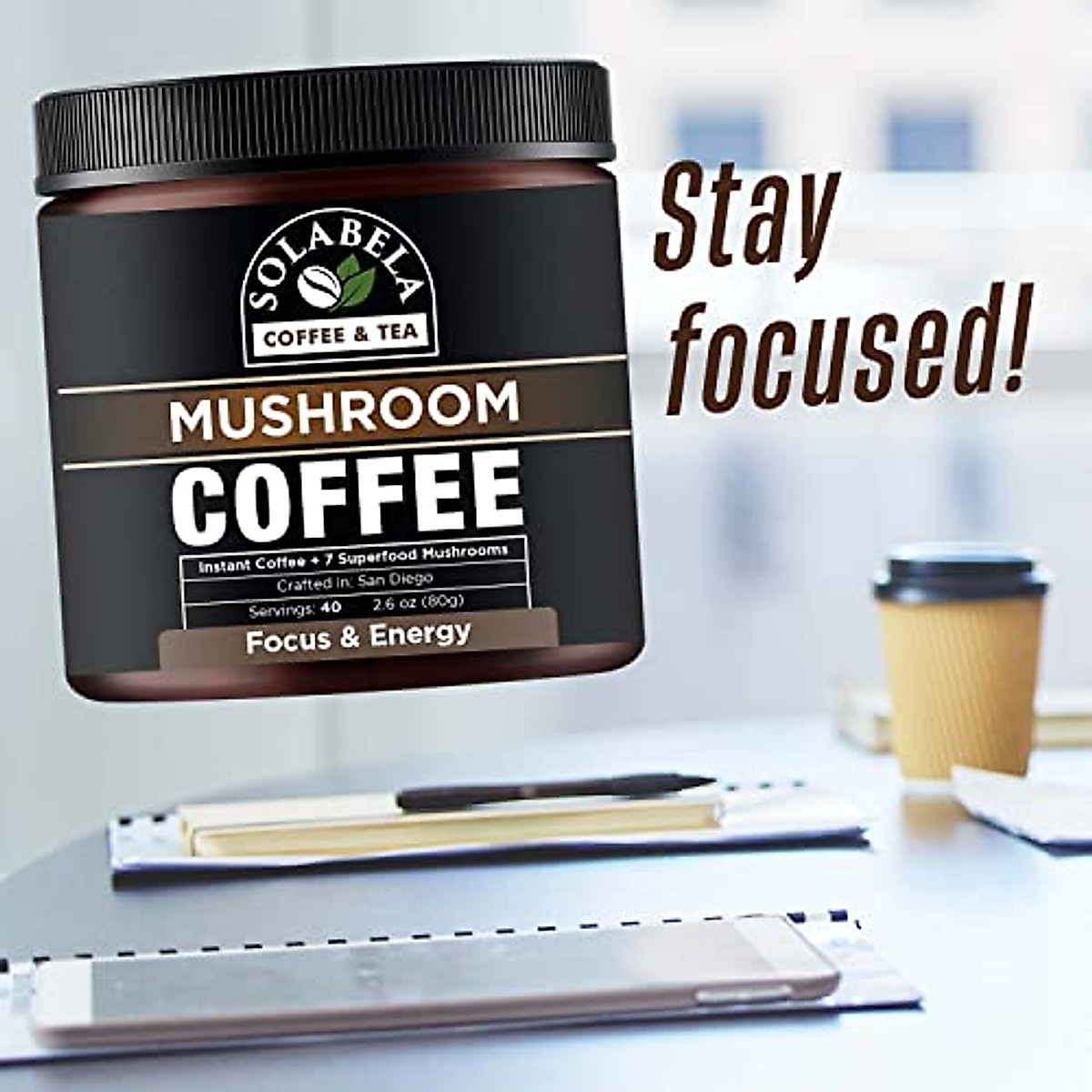 Solabela Coffee Organic Mushroom Coffee (38 Servings) with 7 Superfood Mushrooms, Great Tasting Arabica Instant Coffee, Includes Lion's Mane, Reishi, Chaga, Cordyceps, Shiitake, Mitake, and Turkey Tail