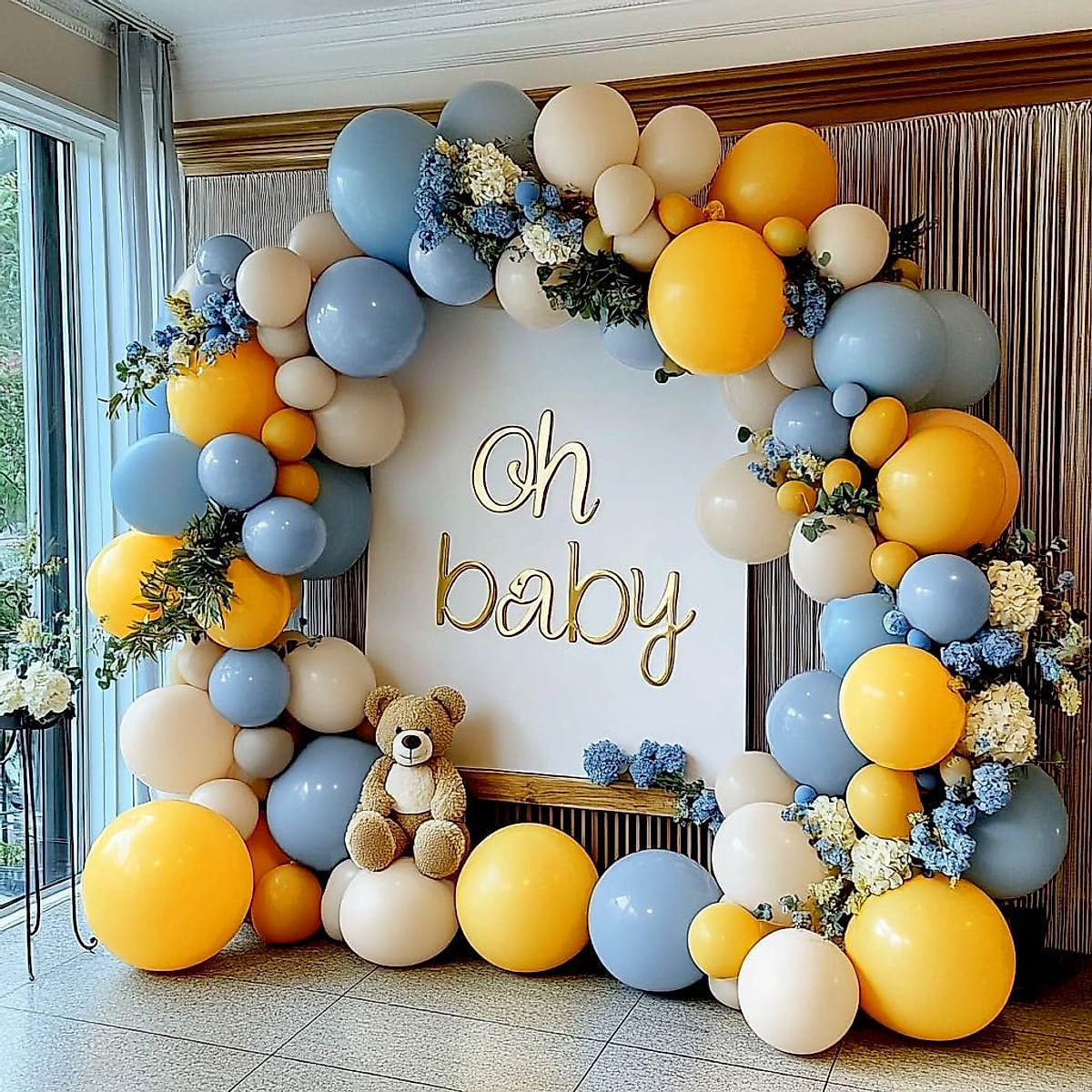 Blue Yellow Balloon Garland Double Stuffed Latex White Sand Balloons Dusty Blue Yellow White Balloon Arch Kit for Baby Shower Wedding Birthday Gender Reveal Party Decorations