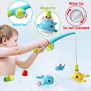 Bath Toys Fishing Game - Wind up Swimming Whales Bathtub Pool Water Table Toys with Fishing Pole Shark Net Floating Squirt Water Toys Gifts for Kids Boys Girls Toddlers Age 3 4 5 6 7 8+