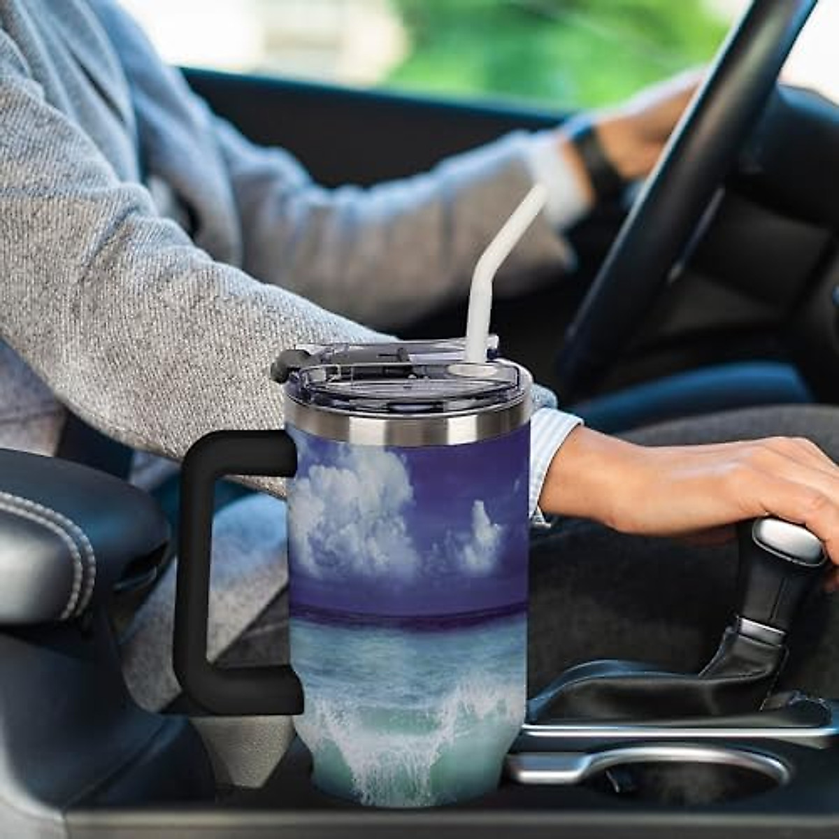 Ocean Wave 40oz Water Bottle Double Wall Insulated Tumbler with Handle Leakproof Travel Mug Black-style