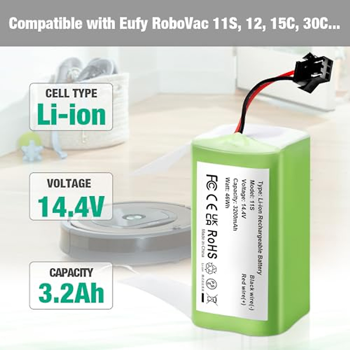 FirstPower Upgraded 3200mAh Battery - Compatible with Eufy RoboVac 11S, 11S Plus, 11S MAX, 12, 15C MAX, 15C, 30, 30C MAX, G10 Hybrid, G20 & Ecovacs Deebot N79DN622 (NOT for 2-Prong Connector)