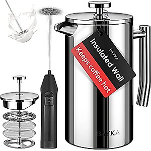 BAYKA French Press Coffee Tea Maker 34oz, 304 Stainless Steel Insulated Coffee Press with 4 Filter Screens, Milk Frother, Rust-Free, Dishwasher Safe, Silver