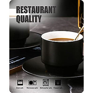 Lareina Porcelain Stackable Espresso Cups with Saucers, Spoons and Metal Stand 4 Ounce Small Cappuccino Coffee Cups Set of 6 - Ceramic Demitasse Cups for Nespresso Lungo, Double Espresso, Black