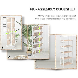 4NM No-Assembly Folding Bookshelf Storage Shelves 5 Tiers Vintage Bookcase Standing Racks Study Organizer Home Office (Natural and White)