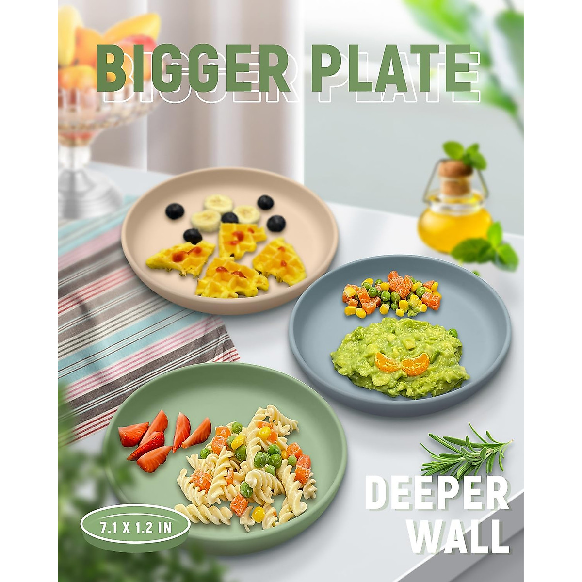 BRVTOT Classic Toddler Plate with Suction 3 PCS, Baby Suction Plates Set BPA Free Food Grade Silicone Plates for Baby Toddler Kids, Spill Proof Dinner Dishes Dishwasher Safe