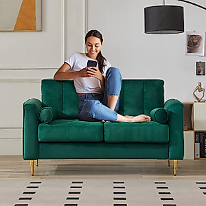 MASTI Green Velvet Loveseat Sofa for Small Spaces,59" Modern Love Seats Furniture with Golden Legs and Two Bolster Pillows Suitable for Living Room,Bedroom and Apartment