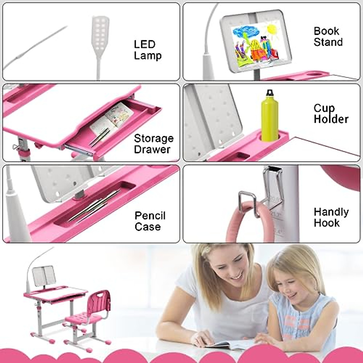 Wrilibo Kids Desk and Chair Set 3-12 Years, Height Adjustable Study Desk for Kids, Kids School Desk with Light, 40-Degree Tiltable Desktop Kids Study Desk, Girls Desk Pink