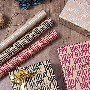THMORT Birthday Wrapping Paper Roll with a Cutter Kit for Boys&Girls,Adults,Kids.17 Inch X 120 Inch Kraft Gift Wrapping Paper Roll Silver Black Red Happy Birthday Retro Fonts.