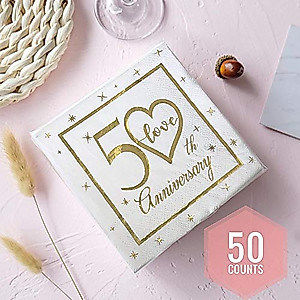 50th Anniversary Cocktail Napkins Gold Foil Print | Golden Wedding Anniversary Celebrations Party Favor Supplies & Decorations | 50-Pack 3-Ply | Folded 5 x 5 Inches Disposable Paper Beverage Napkins