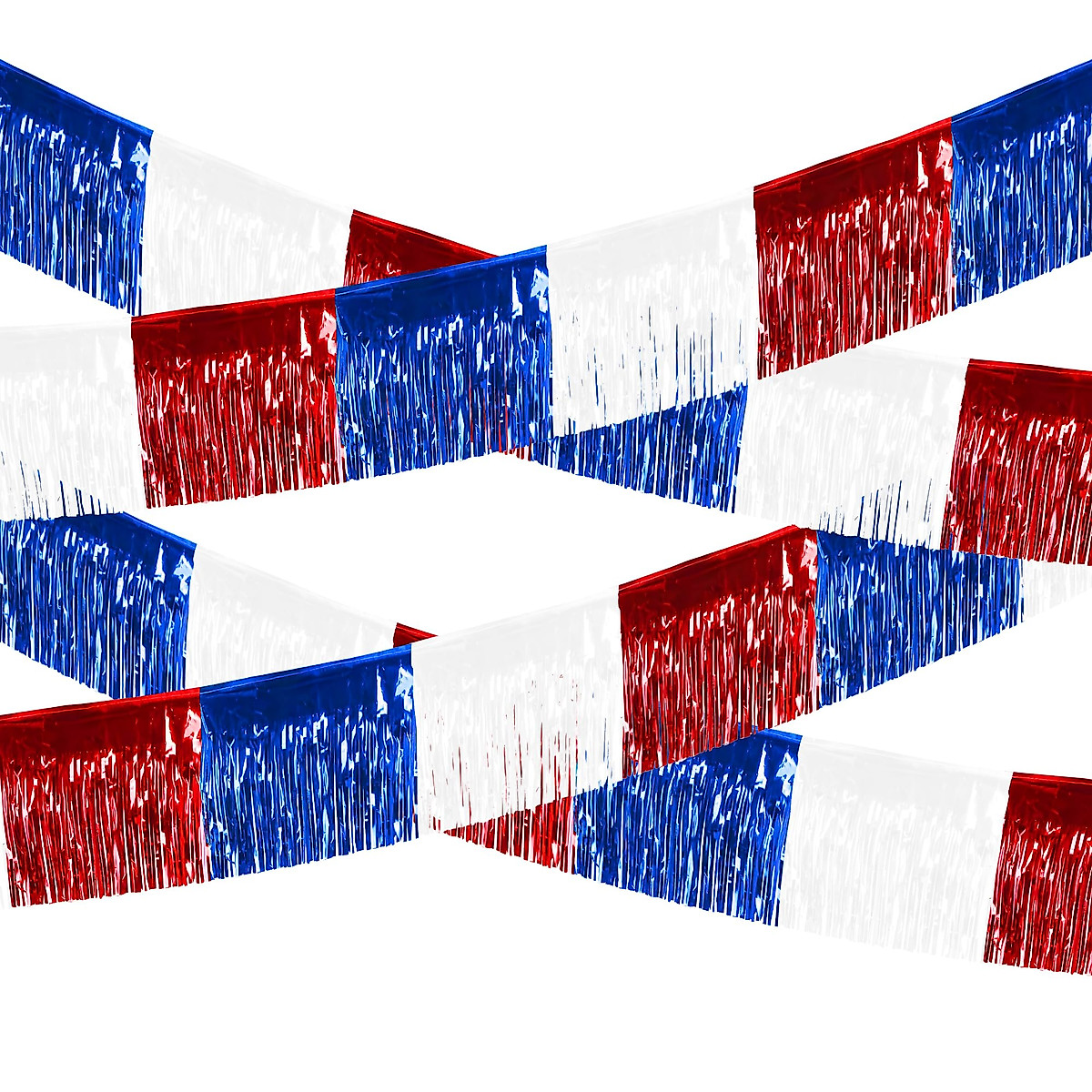 4th of July Decorations 4 Pack Tinsel Foil Fringe Garland Curtains Streamers Hanging Red White Blue Fringe Backdrop Banner for Parade Floats Decorations 4th of July America Patriotic Day Memorial Day