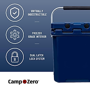 CAMP-ZERO 16L Tall Cooler/Ice Chest with 2 Molded-in Cup Holders & Folding Aluminum Handle | Thick Walled, Freezer Grade Cooler with Secure Locking System & Removable Divider (Navy Blue)
