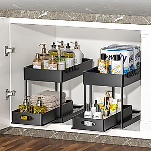 Under Sink Organizers and Storage, 2 Tier Under Cabinet Organizer with Hooks, Slide Out Bathroom Organizer for Bathroom and Kitchen, Black