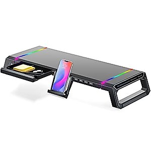 MOOJAY Monitor Stand for Desk RGB Gaming Lights with 4 USB 2.0, Foldable Computer Screen Riser with Storage Drawer and Phone Holder, Desk Organizer Laptop Stands Shelf, for PC/Laptop/iMac - Black