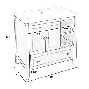 30 Inch Bathroom Vanity Cabinet with Ceramic Sink, Drawers and Doors, Adjustable Shelf, Solid Wood Frame, Modern Style