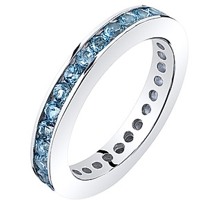 PEORA Swiss Blue Topaz Classic Eternity Ring Band for Women 925 Sterling Silver, Genuine Gemstone Birthstone, 1.25 Carats total, 3mm width, Size 7