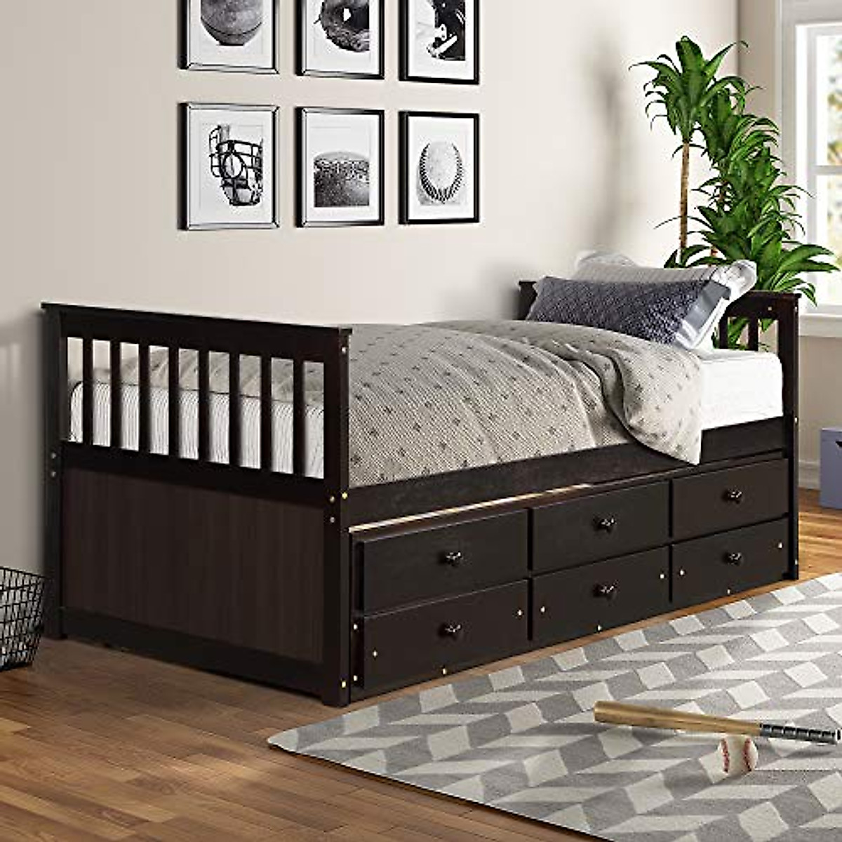 UBGO 3-in-1 Twin Sofa Bed, Wooden Furniture Set with Rollers and 3 Storage Drawers, Captain Sofa Bed Frame for Boys Girls Small Space Bedrooms, Espresso