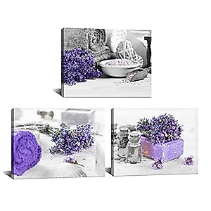 SkenoArt 3 Piece Black and White Wall Art Purple Lavender Flower Pictures Spa Treatment Salt and Towel Artwork Print on Canvas for Bathroom Salon Spa Room Decoration Framed Ready to Hang 12"x16"x3pcs