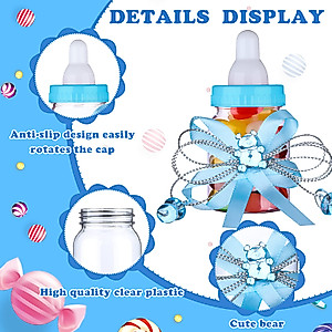 62 Pcs 3.5 Inch Baby Mini Milk Bottle Baby Shower Favor with 500 Adhesive Thank You for Showering Stickers, Small Plastic Bear Candy Bottle with Ribbon for Boy Girl Newborn Baptism Party Decor (Blue)