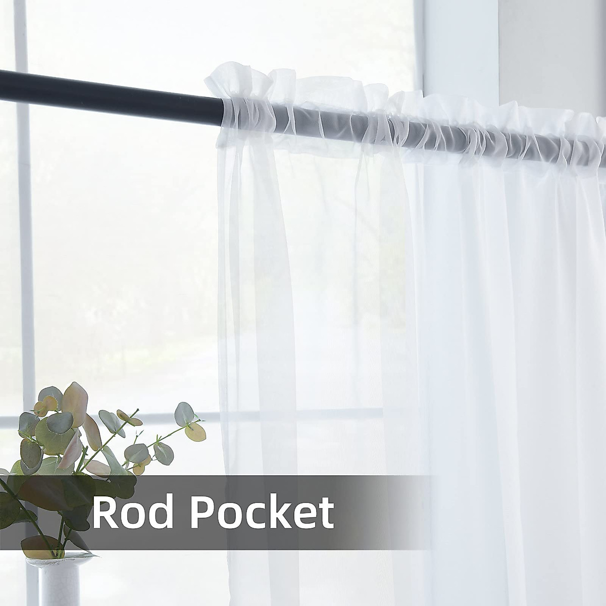 youleyar Solid Sheer Rod Pocket Curtain Voile Draperies 2 Panels White Beige Black Grey Ivory 52 Inch Width 84 Inch Long 1 Pair for Kitchen Bedroom Children Living Room Yard(White,52" Wｘ84 L)