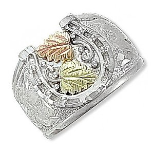Diamond-Cut Horseshoe Ring, Sterling Silver, 12k Green and Rose Gold Black Hills Gold Motif, Size 9.75