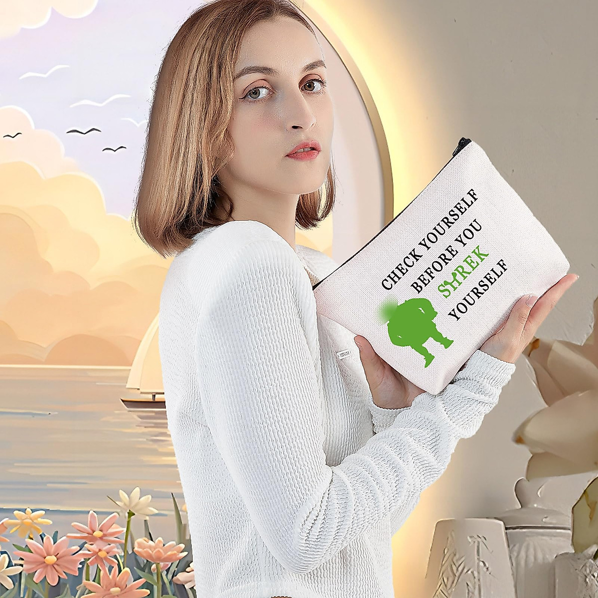 LEVLO Monster Movie Cosmetic Bag Green Monster Fans Gift Check Yourself Before You Monster Yourself Makeup Zipper Pouch Bag (Check Yourself)