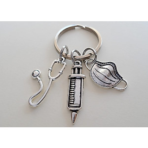JewelryEveryday Small Stethoscope, Syringe, & Face Mask Charm Keychain, Medical Professional Charm Keychain, Nurse Appreciation Keychain