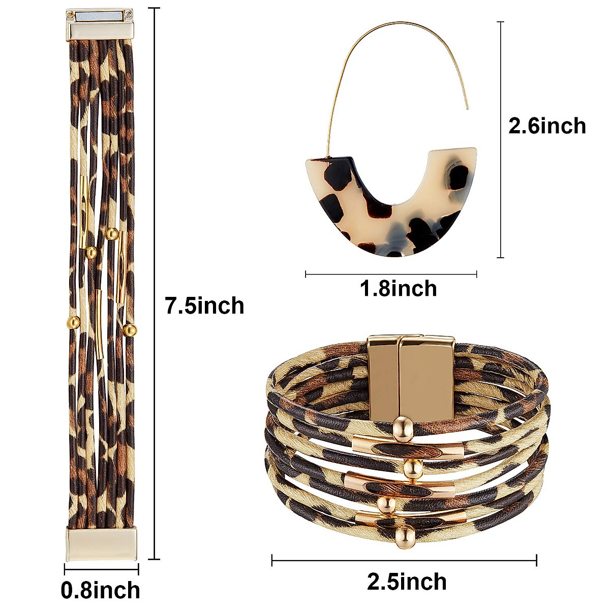 Hicarer Leopard Bracelets and Earrings Cheetah Bracelets Tortoise Shell Earrings Multilayer Leather Wrap Bracelets Large Wrists Boho Accessories