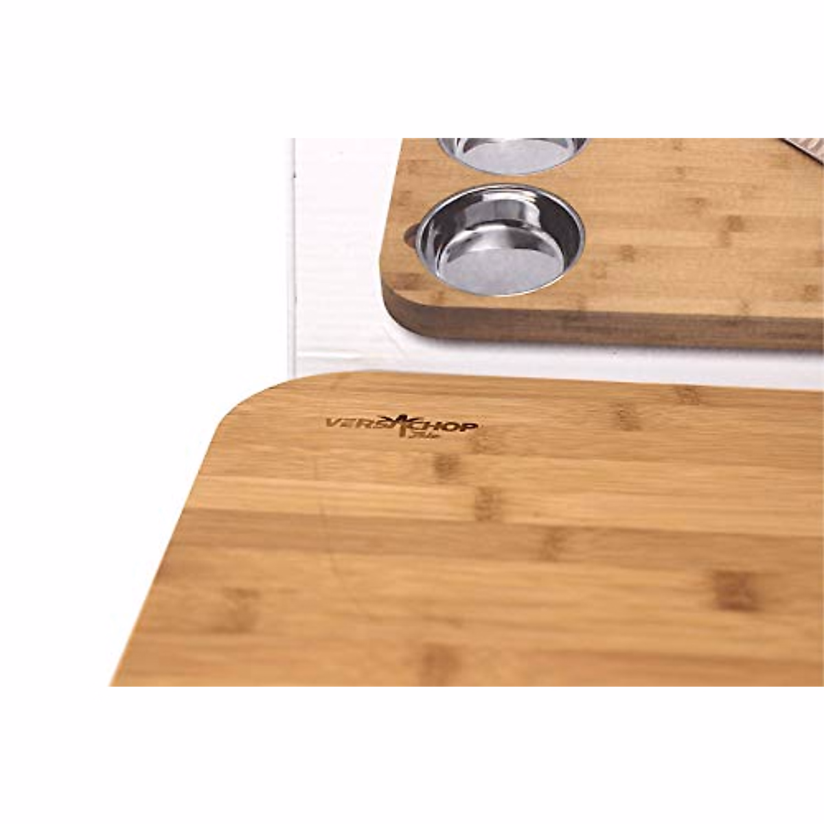 Versachop Trio, Extra Large 22 X 16 inch Cutting Boards for Kitchen, Butcher Block - Totally Natural Organic Moso Bamboo board with three Stainless Steel Bowls attached for easy chopping