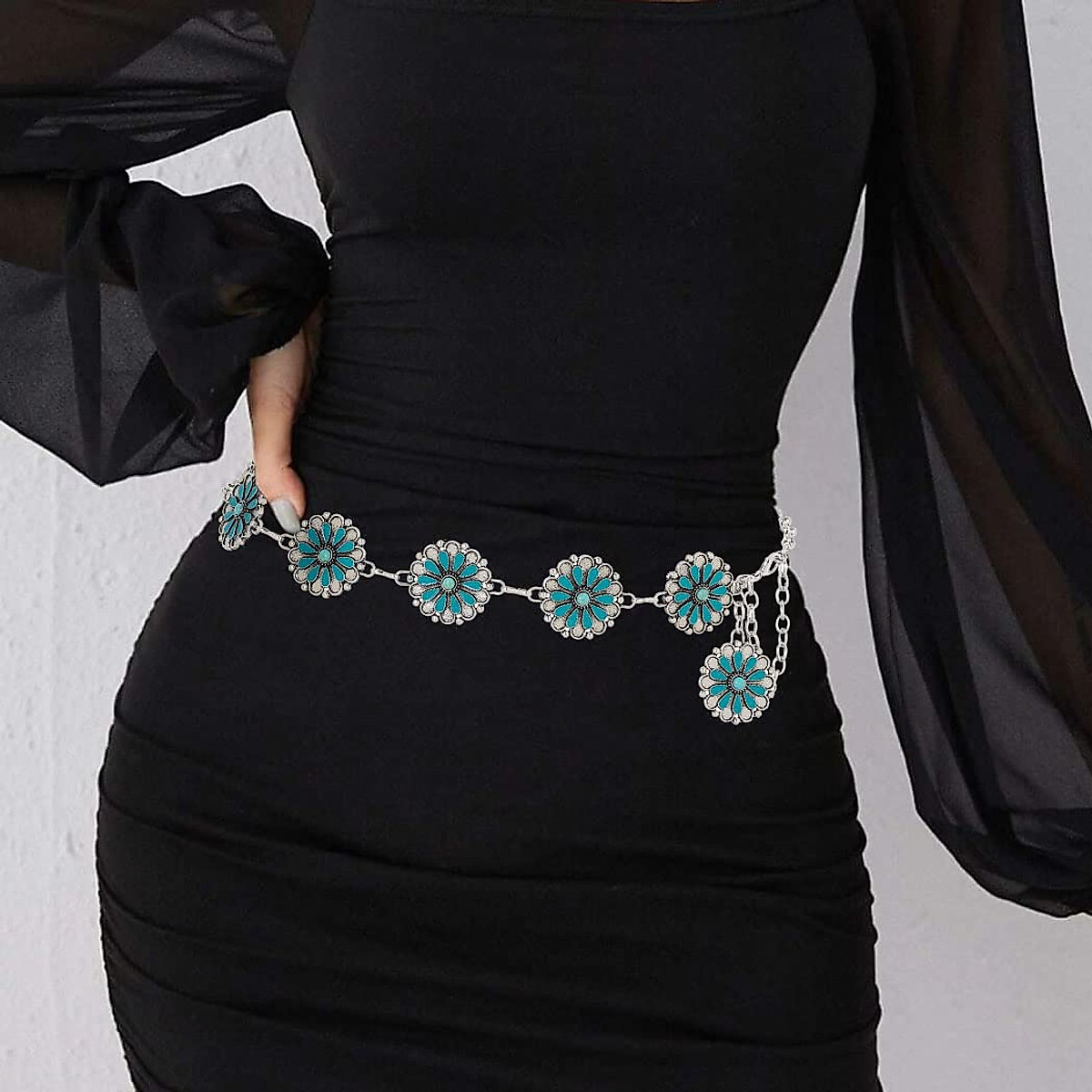 Navoky Turquoise Chain Belts Concho Belt Silver Metal Western Waist Chain Retro Boho Outfit Accessories for women (A, Medium)